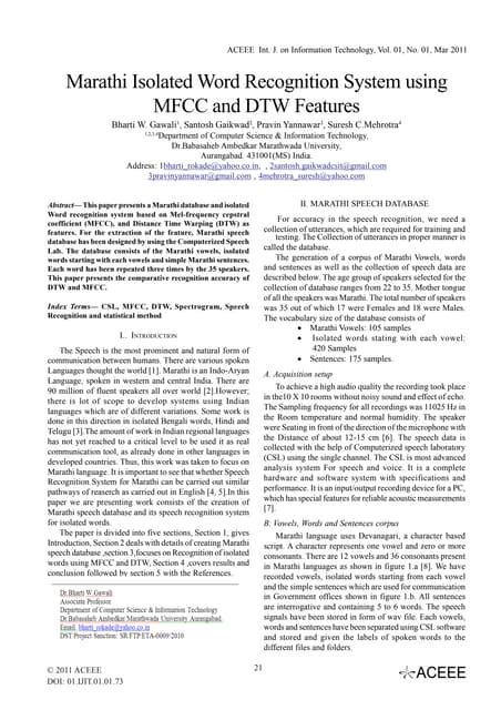Marathi Isolated Word Recognition System Using Mfcc And Dtw Features Pdf