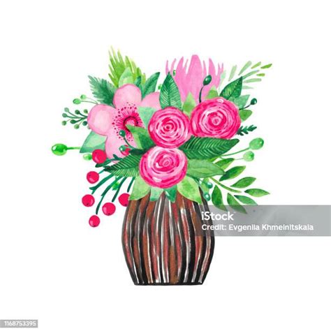 손으로 그린 수채화 의 그림 집 인테리어 꽃병 로맨틱 식물에 꽃의 장식 꽃다발 꽃 식물에 대한 스톡 벡터 아트 및 기타 이미지 꽃 식물 꽃병 바구니 Istock
