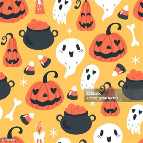 할로윈 휴가를위한 원활한 패턴 직물 포장지 섬유 벽지 및 의류에 대한 유치한 배경 벡터 일러스트레이션 캔디콘에 대한 스톡 벡터 아트 및 기타 이미지 Istock
