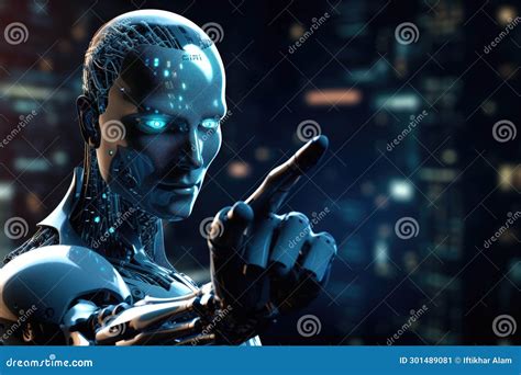 Cyborg Woman Pointing Finger At Something On Dark Background 3d Rendering Cyber Digital World