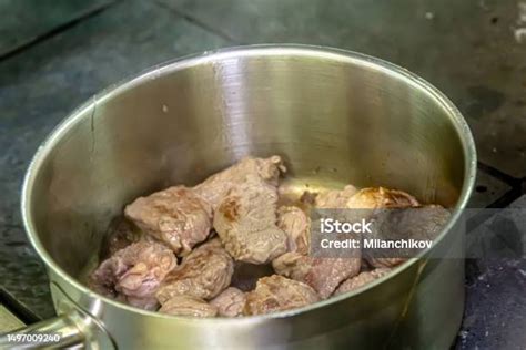 스튜 고기 요리 다양한 종류의 고기 조각으로 끓는 물 돼지 고기와 쇠고기 강철에 대한 스톡 사진 및 기타 이미지 강철 고기 끓음 Istock