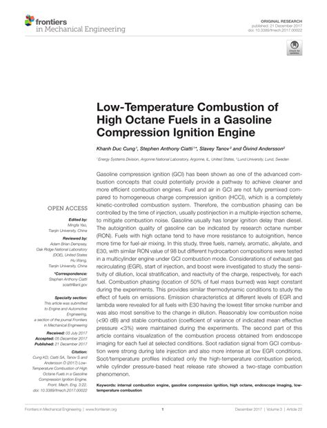 Pdf Low Temperature Combustion Of High Octane Fuels In A Gasoline Compression Ignition Engine