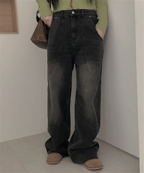 하비언니 12688 [모델소장] 남녀공용 워싱 리벳 와이드 절개 데님 롱청바지 중청 흑청 2color M~l