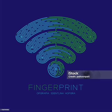 와이파이 기호 패턴 지문 로고 아이콘 대시 라인 인터넷 무선 연결 개념 편집 가능한 스트로크 그림 파란색과 녹색 지문 텍스트와 공간 파란색 배경에 고립 벡터 누른 자국에