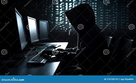 Hooded Hacker Stealing Data From A Computer Dark Background Stock Illustration Illustration