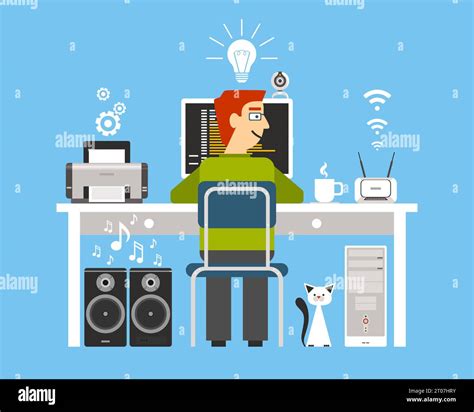 Programmer On Workplace With Computer Devices With Process Symbols And