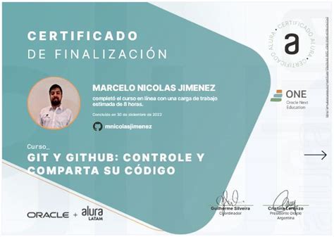 Gracias Oracle Y Alura Latam Finalizando El Curso De Git Y Github El Más Nicolas Jimenez