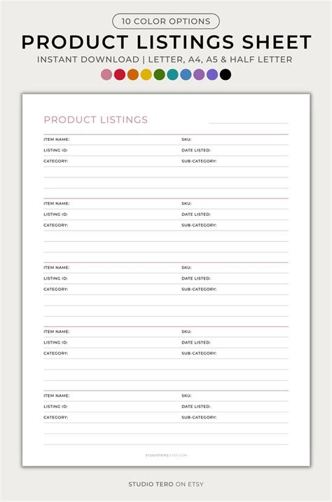 Product Listings Sheet Printable Minimal Business Inventory Etsy