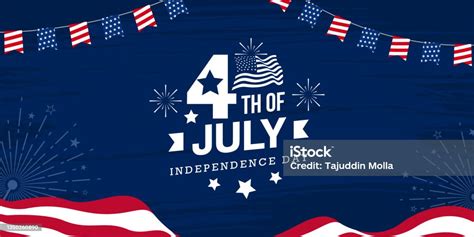 7월 4일 미국 독립기념일 디자인 스타 불꽃놀이 미국 국기가 깃발을 흔들며 깃발을 흔들며 불꽃놀이를 하는 모습이 펼쳐지고 있다 0명에 대한 스톡 벡터 아트 및 기타 이미지