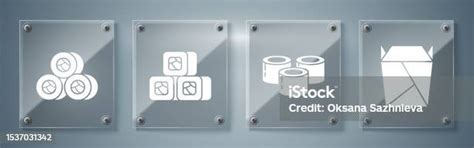 세트 Rstaurant는 초밥 초밥 및 초밥으로 가득 찬 테이크 아웃 상자를 열었습니다 정사각형 유리 패널 벡터 0명에 대한 스톡 벡터 아트 및 기타 이미지 Istock