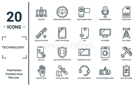 Technology Linear Icon Set Includes Thin Line Received Satellite Station Add Call Robotic
