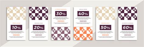 기하학적 패턴의 수직 홍보 웹 배너 세트 소셜 미디어 모바일 앱 스토리에 대한 트렌디 한 판매 및 할인 프로모션 창의적인 배경 벡터 편집 가능한 배경 Eps 10 0명에