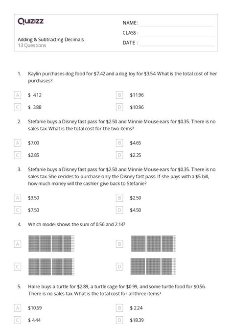 50 Subtracting Decimals Worksheets For 5th Grade On Quizizz Free And Printable