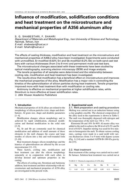Pdf Influence Of Modification Solidification Conditions And Heat Treatment On The