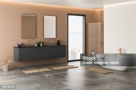베이지색과 흰색 벽이있는 현대적인 고급 욕실 인테리어 0명에 대한 스톡 사진 및 기타 이미지 0명 3차원 형태 가구 Istock