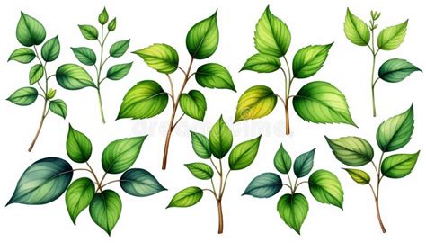 Collection Of Lush Green Leaf Branches Botanical Illustration Art For