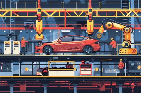 A Dynamic Illustration Of A Car Assembly Line With Workers And Robots Collaborating To Build