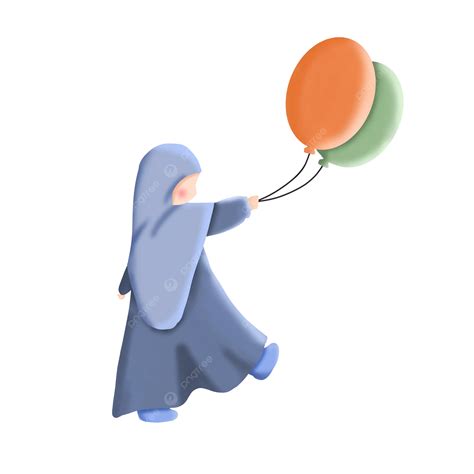 행복한 작은 히잡 소녀 히잡 소녀 어린 소녀 히잡 소녀는 Balloo를 잡고 Png 일러스트 및 Psd 이미지 무료