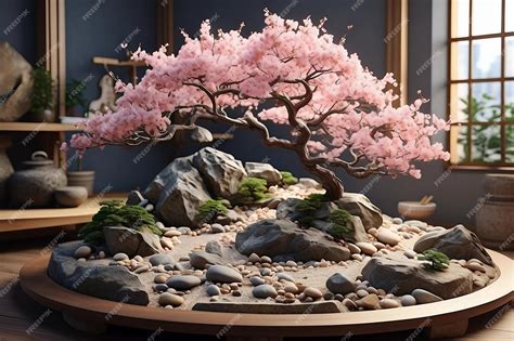Premium Ai Image Zen Rock Garden Complete With Meticulously Placed Pebbles And A Bonsai Cherry
