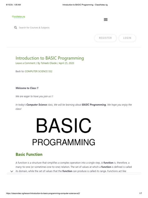 Introduction To Basic Programming Classnotes Ng Pdf