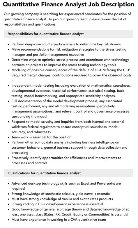 Quantitative Finance Analyst Job Description Velvet Jobs