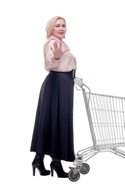 Premium Photo Happy Blonde Woman With Shopping Cart Trolley In Sale