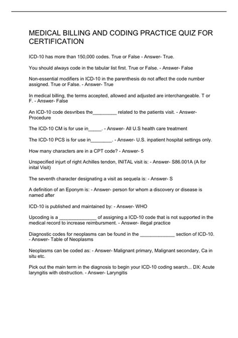 MEDICAL BILLING AND CODING PRACTICE QUIZ FOR CERTIFICATION Medical Billing And Coding Stuvia US