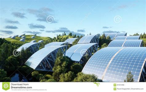 Панели солнечных батарей в ландшафте Wonderfull Будущее перевод 3d Иллюстрация штока