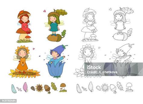 귀여운 작은 만화 요정 여자 숲 놈들 날개를 가진 엘프 공주 색칠 공부 책을위한 일러스트레이션 단색 및 컬러 버전 벡터 요정