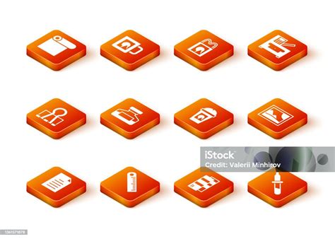 파일 문서 눈금자 바인더 클립 잉크 병 팬톤 커피 컵 이동 파이펫 및 그림 풍경 아이콘을 설정합니다 벡터 3차원 형태에 대한 스톡 벡터 아트 및 기타 이미지 Istock