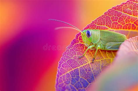 A Grasshopper Is Shown In Sharp Detail Sitting On A Leaf As The Rest