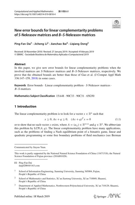 Pdf New Error Bounds For Linear Complementarity Problems Of S Nekrasov Matrices And Bs