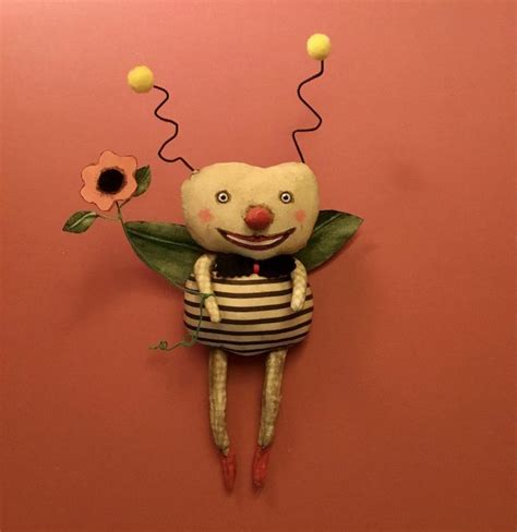 Funny Little Bug Art Doll Sandy Mastroni Pink Bug Holds Pink Flower Wings Odd Monster Bug