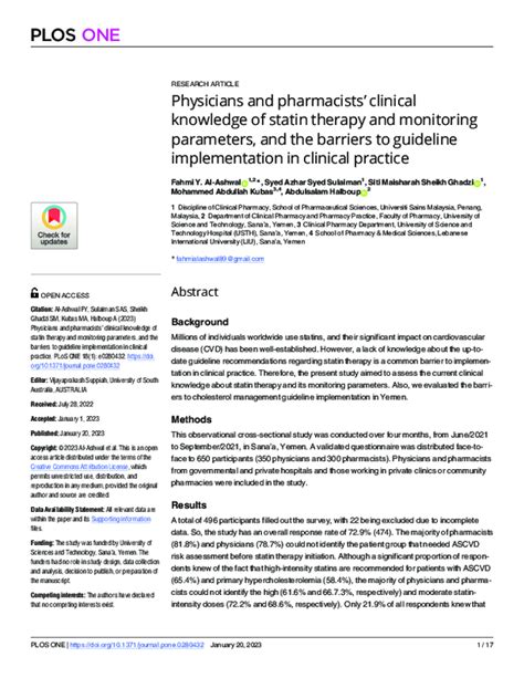 Pdf Physicians And Pharmacists Clinical Knowledge Of Statin Therapy