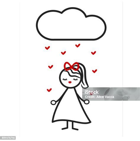 귀여운 사랑 스러운 블랙 화이트 레드 스틱 그림 소녀와 구름 방울 마음 개념 벡터 일러스트 레이 션 개념에 대한 스톡 벡터 아트 및 기타 이미지 Istock