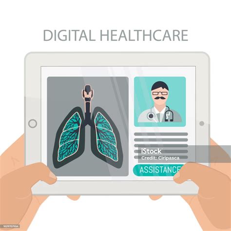 디지털 건강 개념 의료 전문가와 나는 태블릿을 사용 하 여 사용자 장치 화면에 대한 스톡 벡터 아트 및 기타 이미지 장치 화면 폐암 흡연 문제 Istock