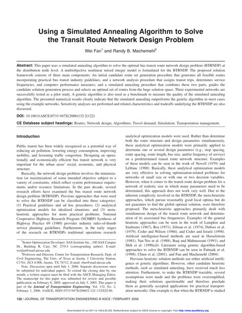Pdf Using A Simulated Annealing Algorithm To Solve The Transit Route Network Design Problem