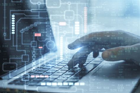 흐릿한 배경에 창의적인 기술 빅 데이터 홀로그램이 있는 노트북 컴퓨터를 사용하여 손을 닫습니다 기술 미래 Ai 정보 및 혁신