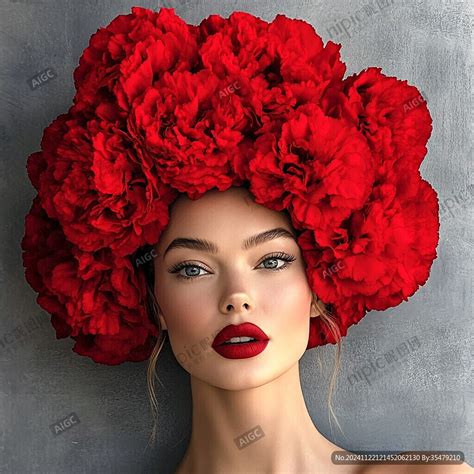 Ai创作图戴大红花 淡红色花冠 头饰欧美 红色花冠 口红唇彩美妆美甲美发 红色大花朵 珊瑚女头饰 高级红色花艺配色 个性红黑女人 红色大朵花 红色户外造型 大红色鲜花 红色系牡丹 花瓣大红色