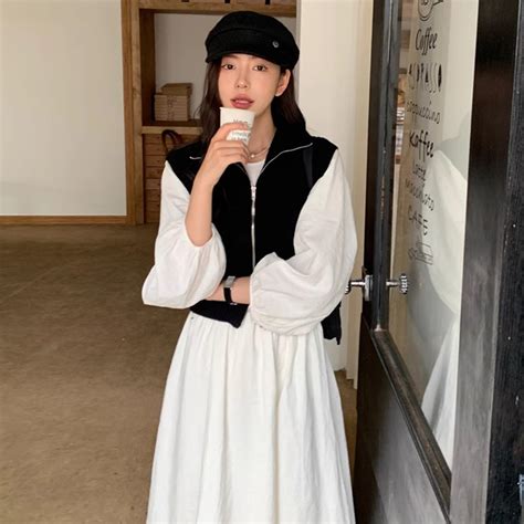 베이지하루 이만한 조합 없을껄 화이트 블랙 가을 Setup 니트 조끼 베스트 민소매 카라 지퍼 집업 여성 상의 니트탑 여자 화이트 긴팔 라운드넥 A라인 플레어