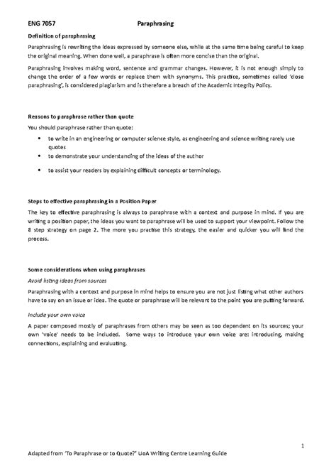 Paraphrasing Workshop With Integration Exercise Eng 7057 Paraphrasing Definition Of