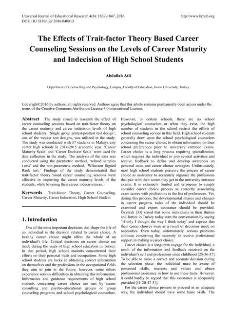 pdf the effects of trait factor theory based career counseling
