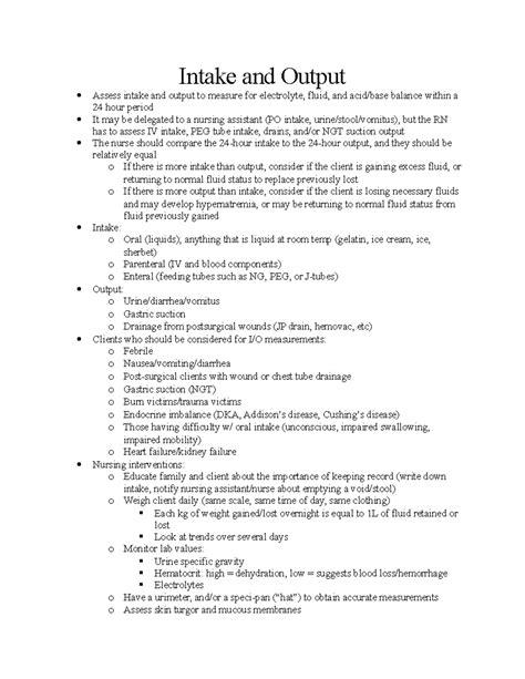 Intake And Output Lecture Notes From Cpl Intake And Output Assess