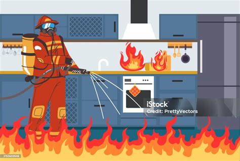 소방관이 소방서 내부 인테리어 컨셉 벡터 평면 그래픽 디자인 일러스트 소방관 헬멧에 대한 스톡 벡터 아트 및 기타 이미지