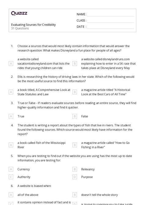 50 Assessing Credibility Of Sources Worksheets For 7th Grade On Quizizz Free And Printable