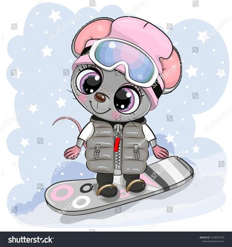 Cute Cartoon Mouse Girl On Snowboard стоковая векторная графика без лицензионных платежей