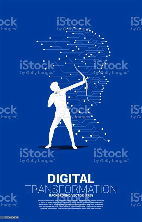 양복을 입은 사업가는 도트 픽셀로 가는 길에 화살을 쏴 표적으로 삼는다 비즈니스의 디지털 전환의 개념입니다 과녁에 대한 스톡 벡터 아트 및 기타 이미지 Istock