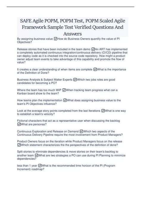 SAFE Agile POPM POPM Test POPM Scaled Agile Framework Sample Test Verified Questions And