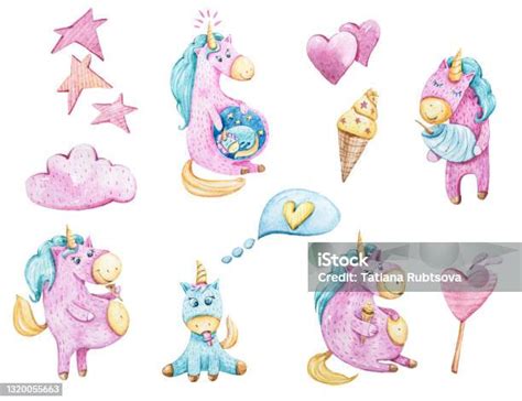 마법의 모성에 유니콘세트가 그려진 수채화 손 흰색 배경에 고립 된 귀여운 인쇄 생일 초대장 어린이 책 등 디자인에 대한 손으로 그린 그림 유니콘에 대한 스톡 벡터 아트 및