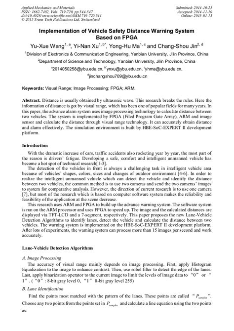 Implementation Of Vehicle Safety Distance Warning System Based On Fpga Scientific Net